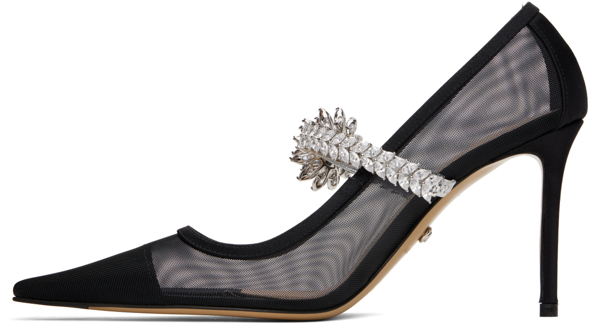 MACH & MACH Black Lotus Flower Mesh Heels MACH & MACH