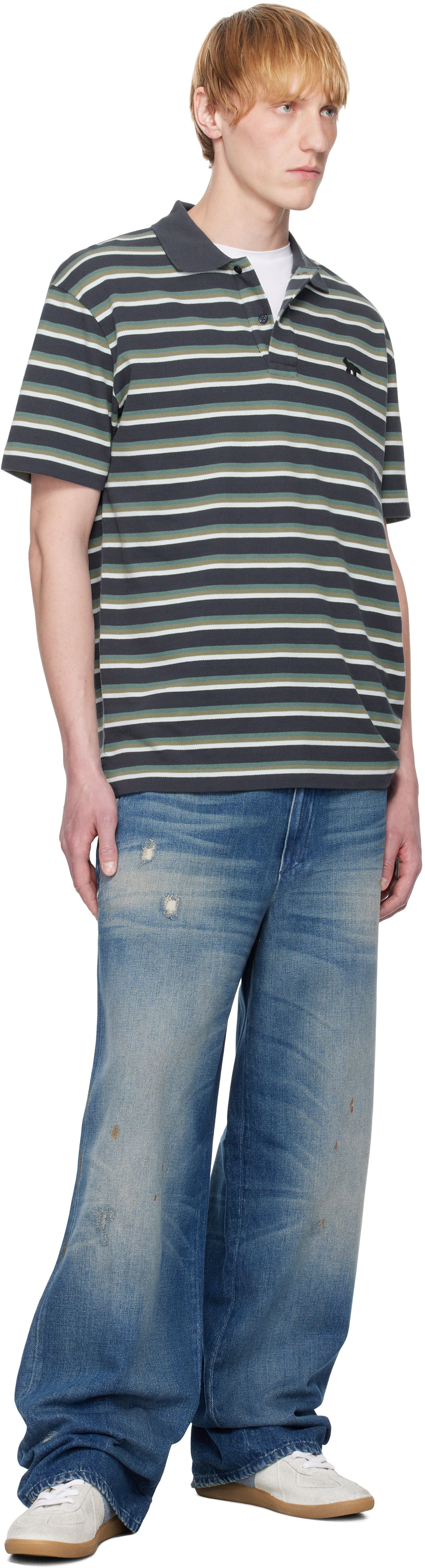 Maison Kitsuné Navy & Green Profile Fox Patch Tri Color Stripes Polo ...