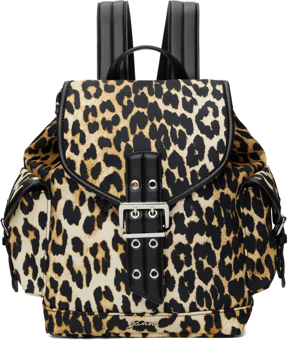 GANNI Tan & Black Leopard Small Nylon Bucky Backpack GANNI