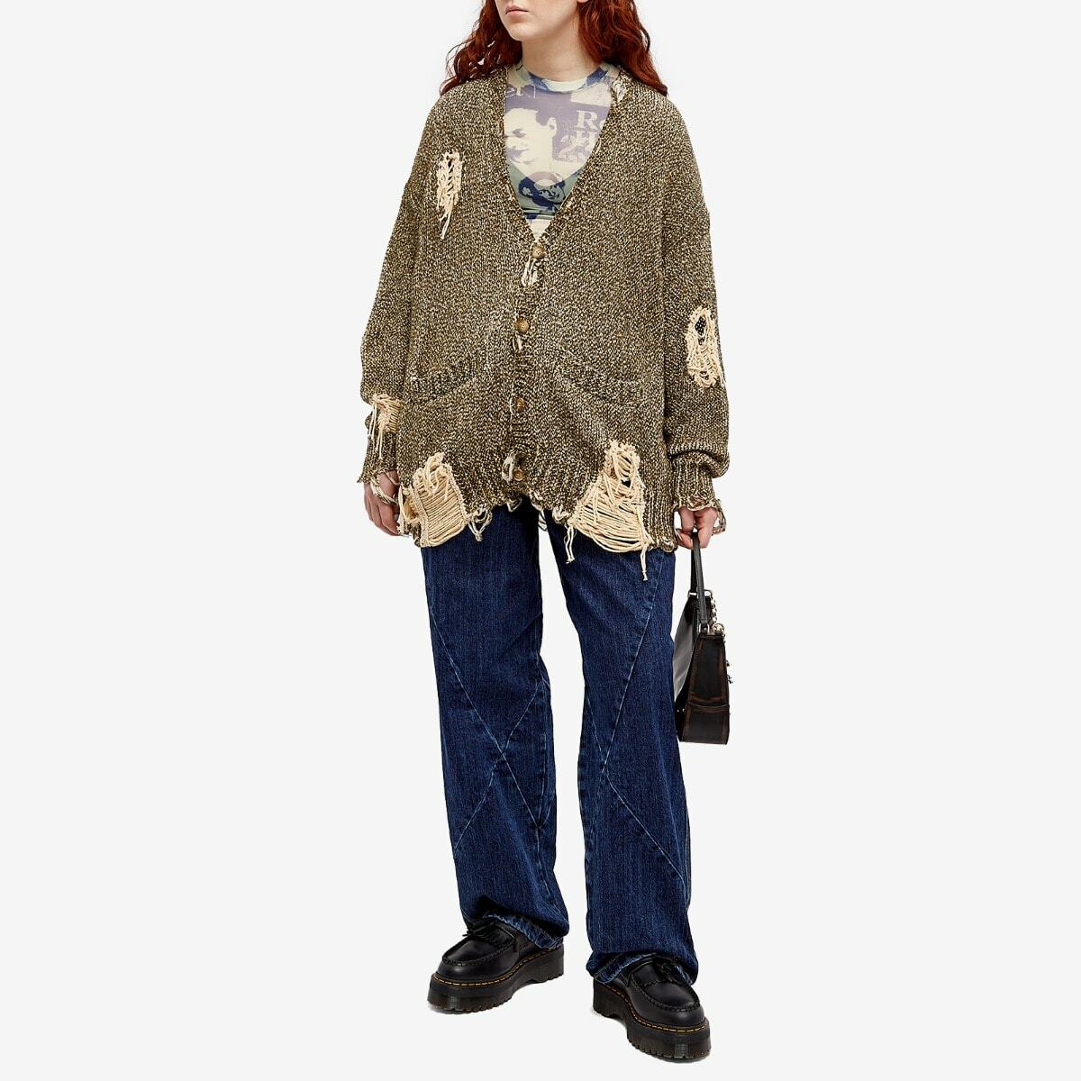 R13 Women's Distressed Jumbo Cardigan in Printed Khaki Tweed R13