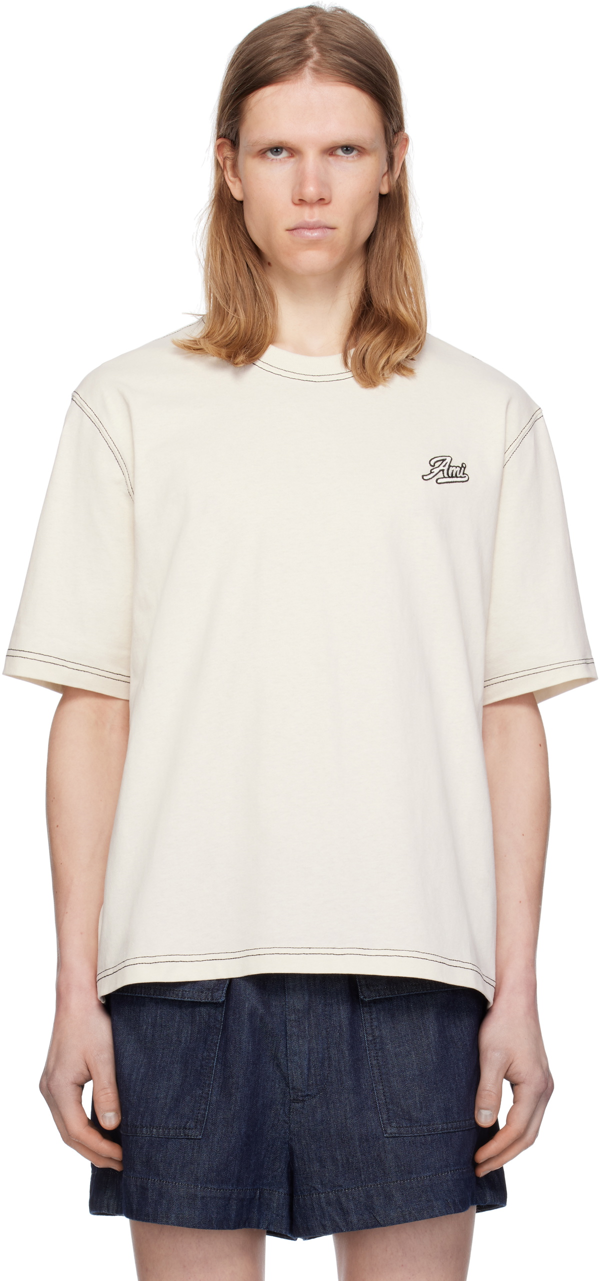 AMI Paris Beige Cotton 'Ami' Signature T-shirt AMI