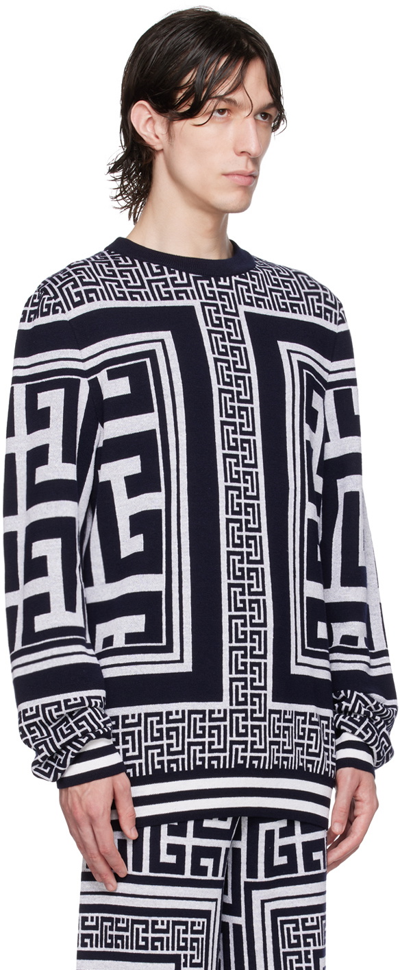 Balmain White & Navy Monogram Sweater Balmain