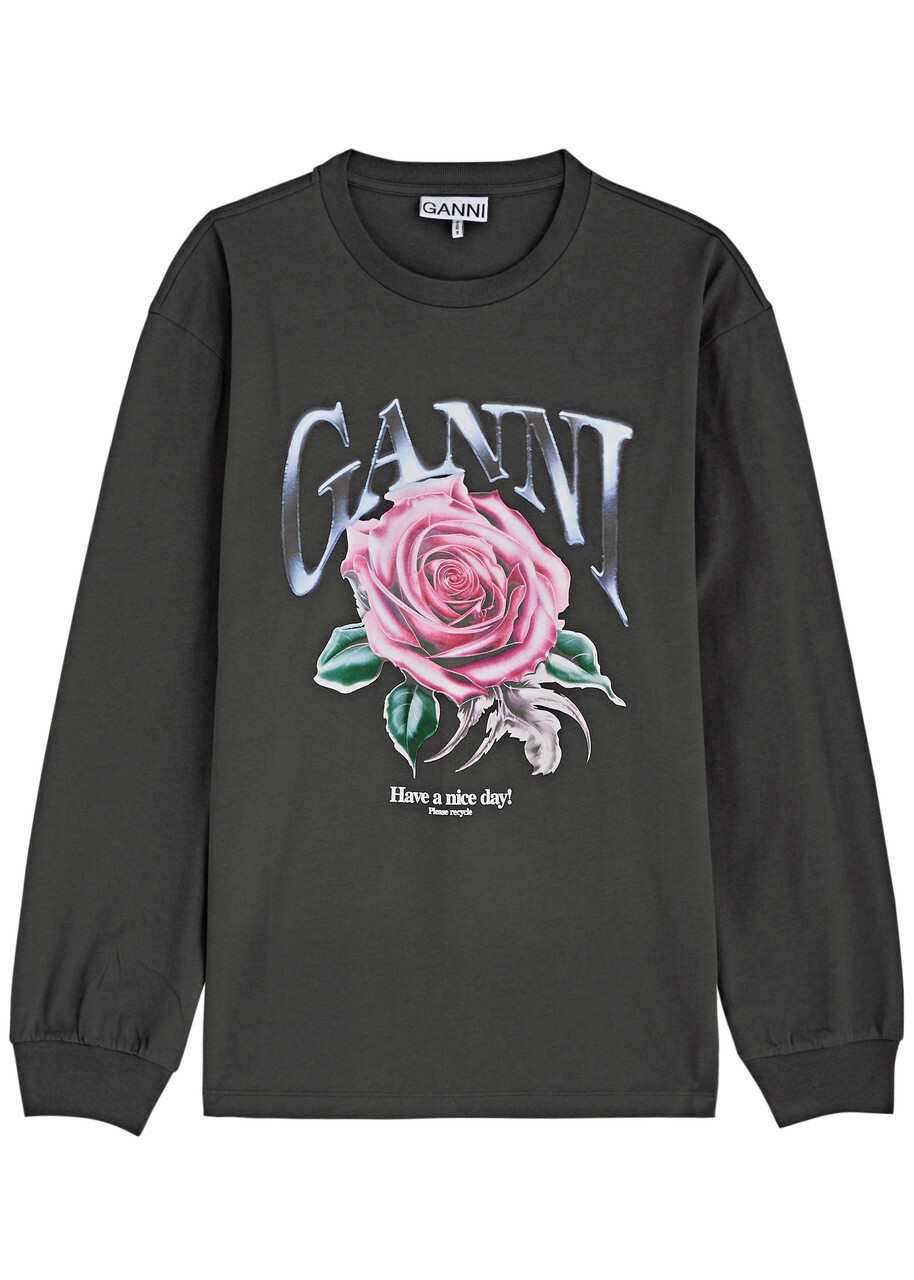 Ganni Logo Printed Cotton top Dark Grey GANNI