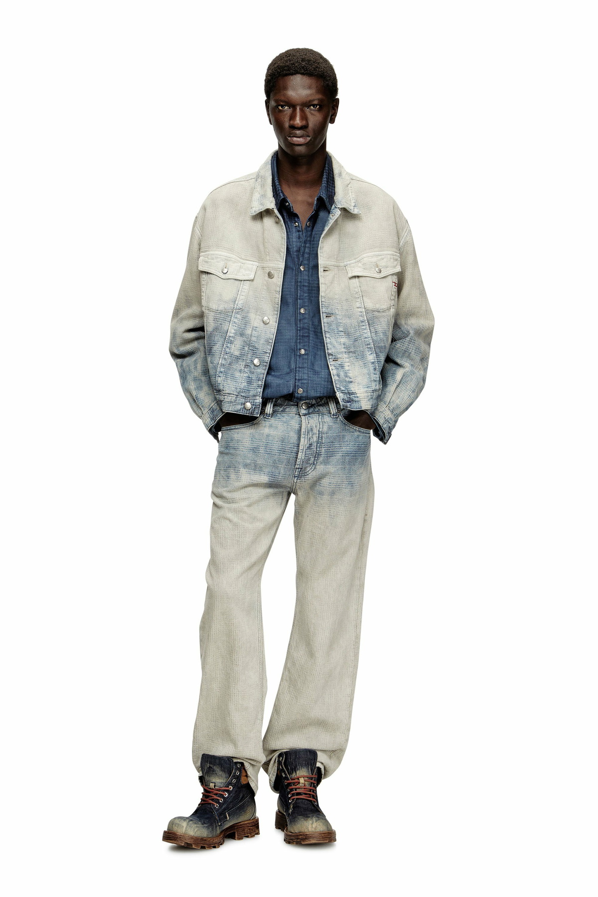 Diesel Trucker jacket in Prince of Wales jacquard denim - Denim Jackets ...