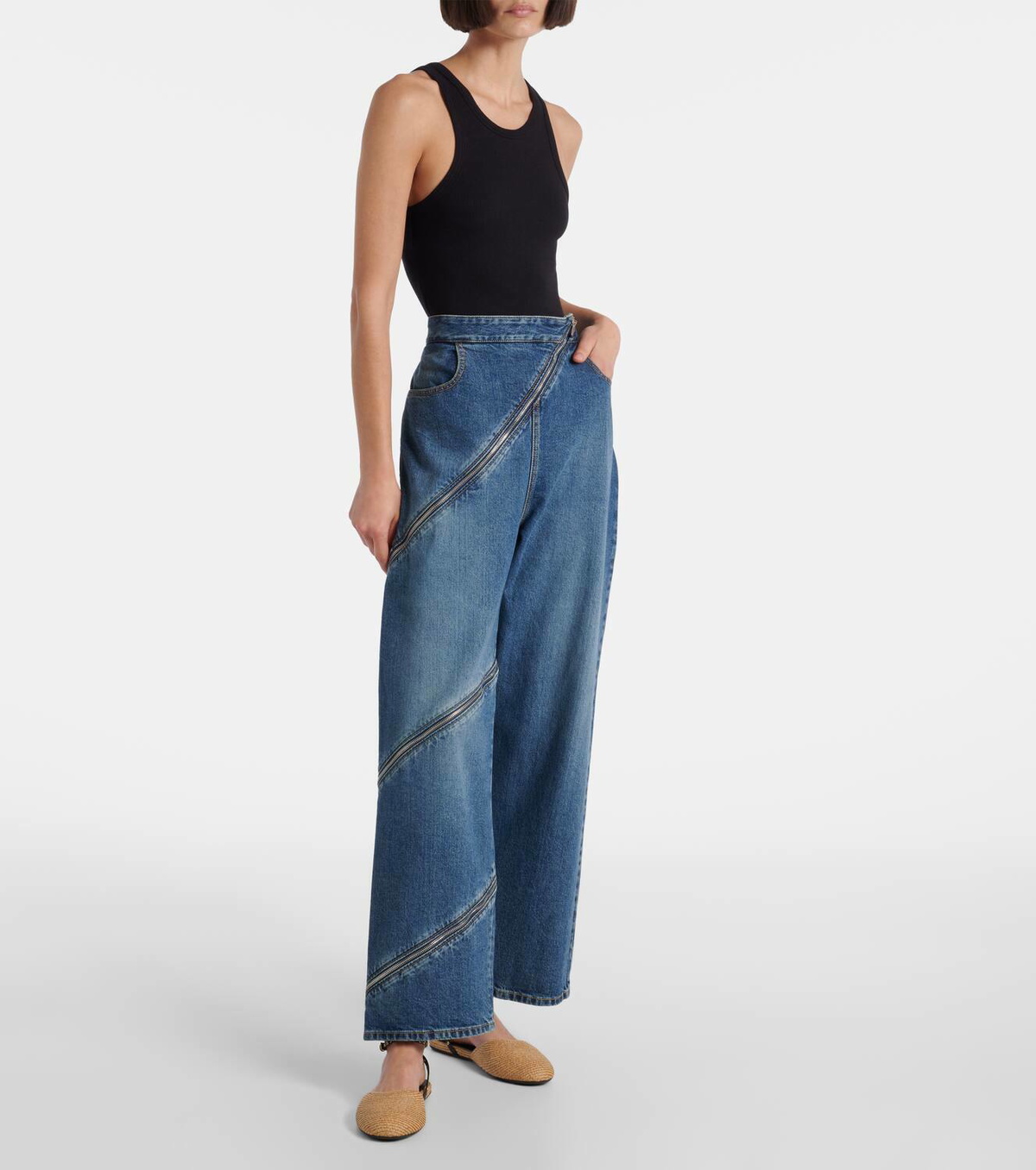 Alaïa Leather-trimmed raffia flats ALAÏA