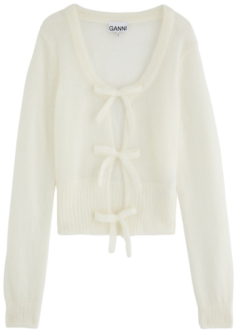 Ganni Tie-front Mohair-blend Cardigan Cream GANNI