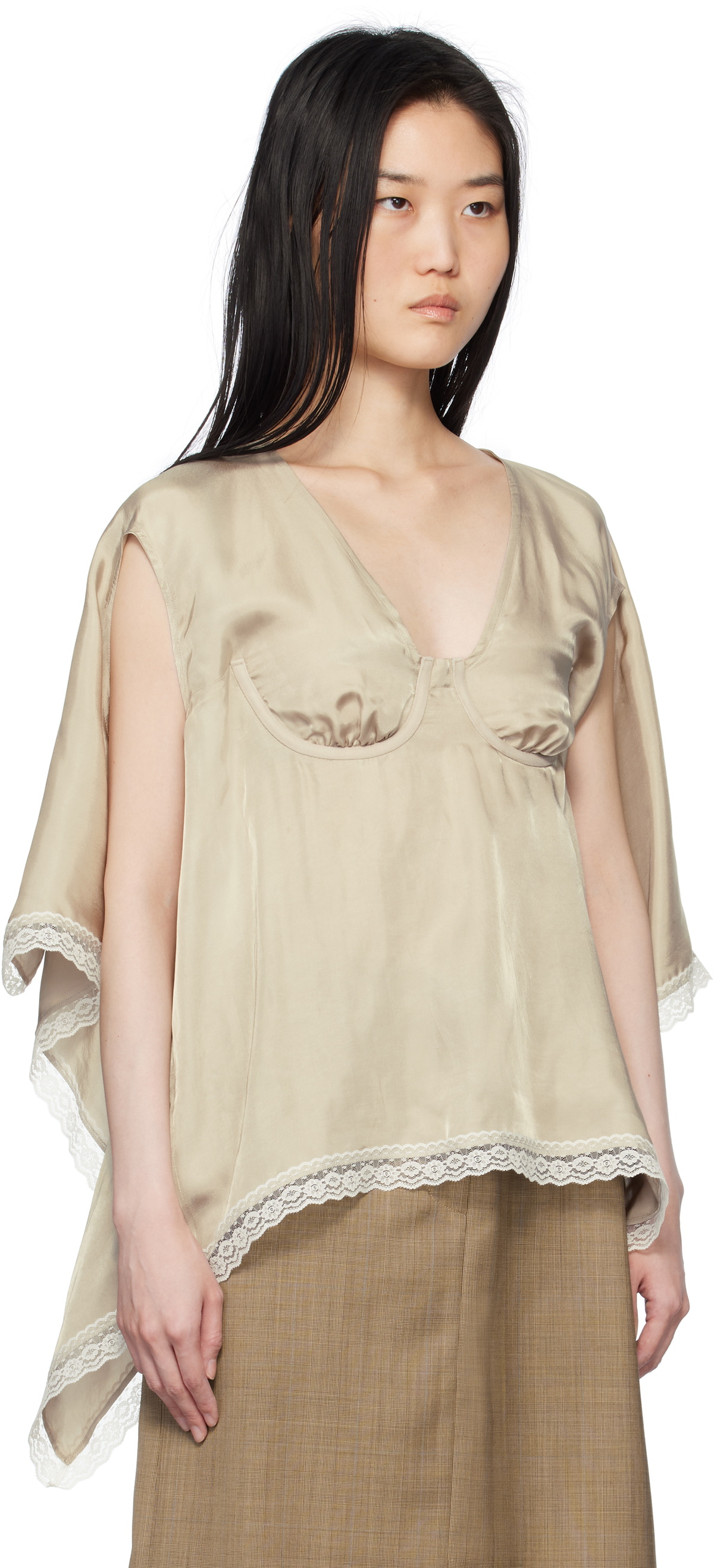 Pushbutton Beige Bra Point Square Blouse Pushbutton