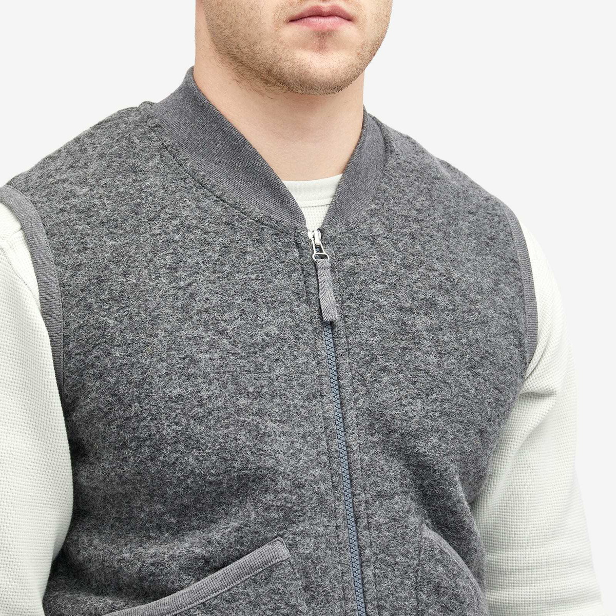 Universal Works Men's Wool Fleece Zip Waistcoat in Grey Marl Universal ...