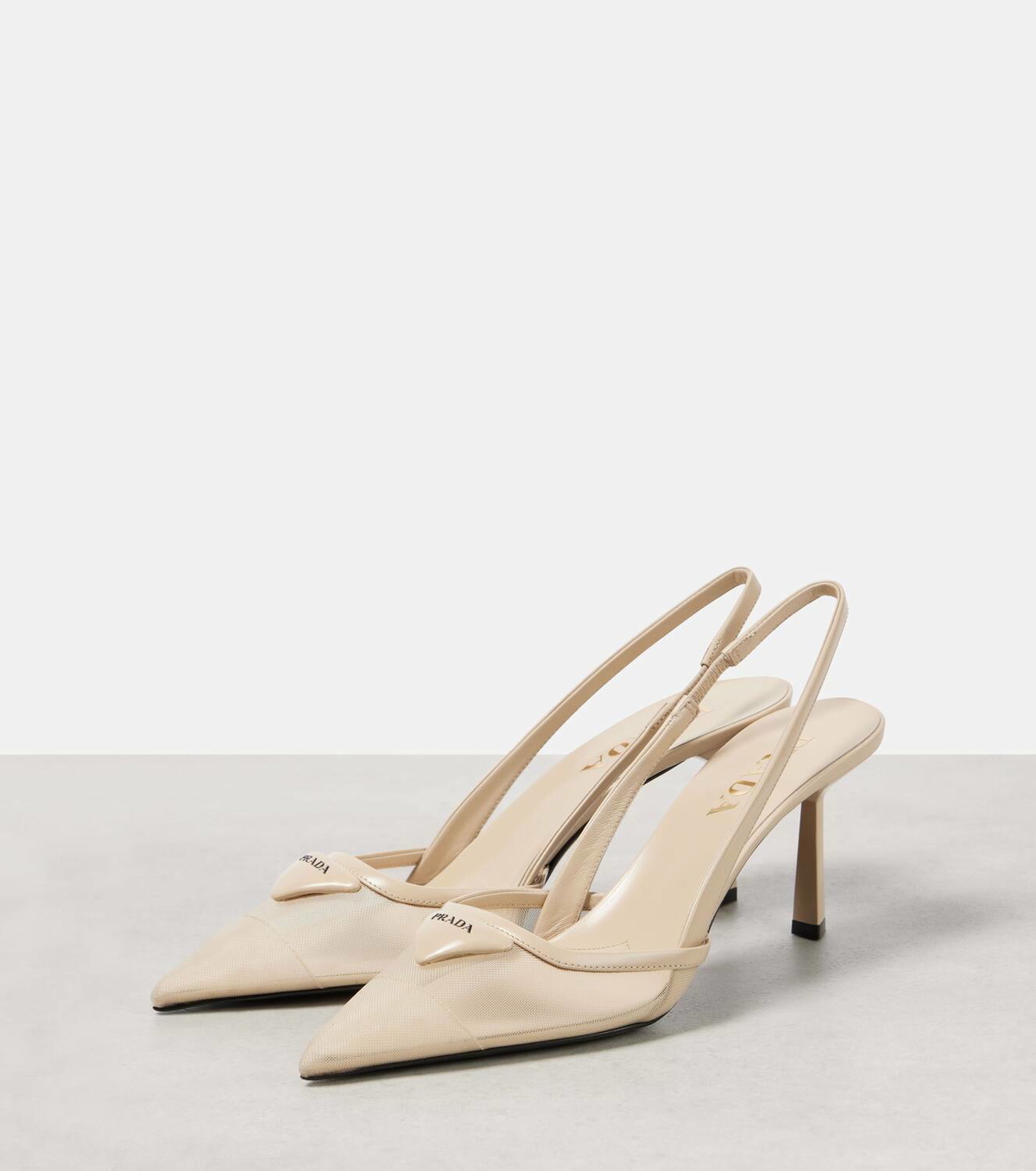 Prada Logo leather-trimmed mesh slingback pumps Prada