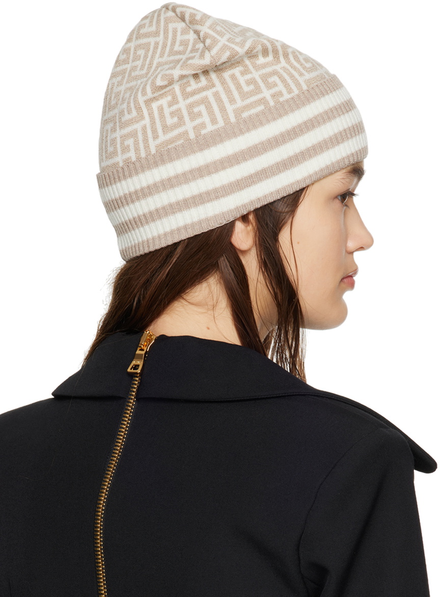 Balmain White & Beige Monogram Beanie Balmain