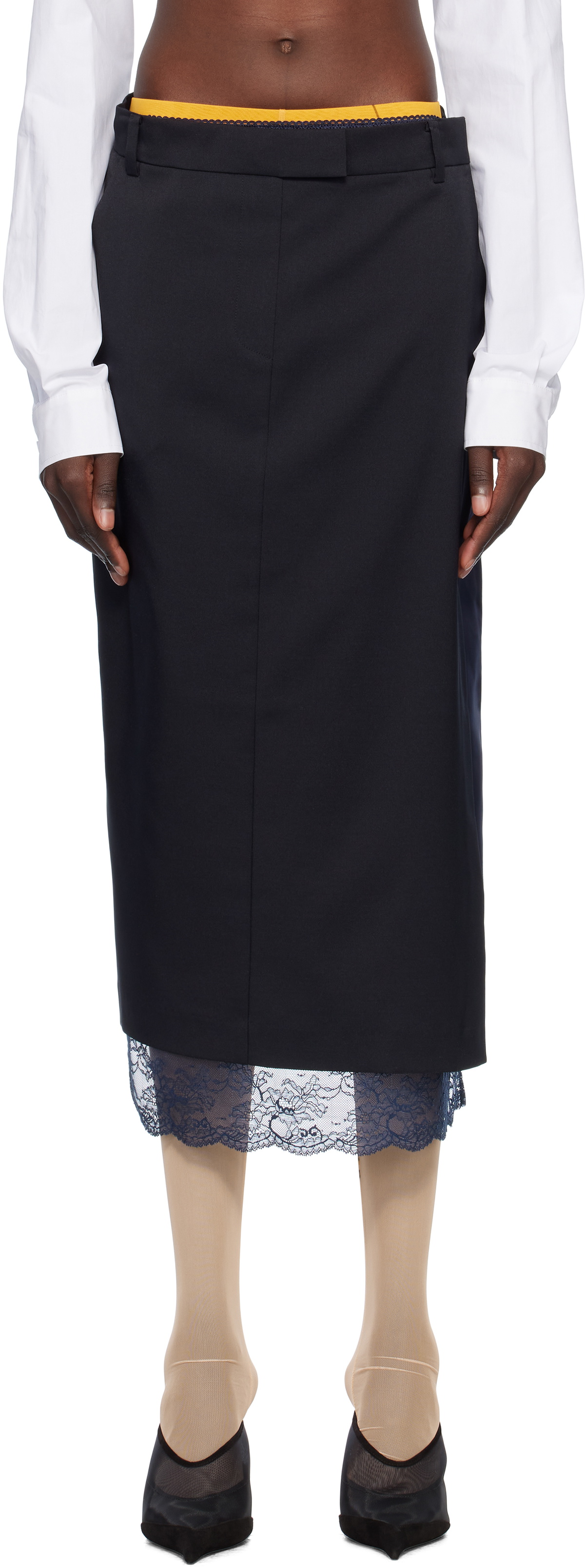 Pushbutton Navy Lace Trim Midi Skirt Pushbutton