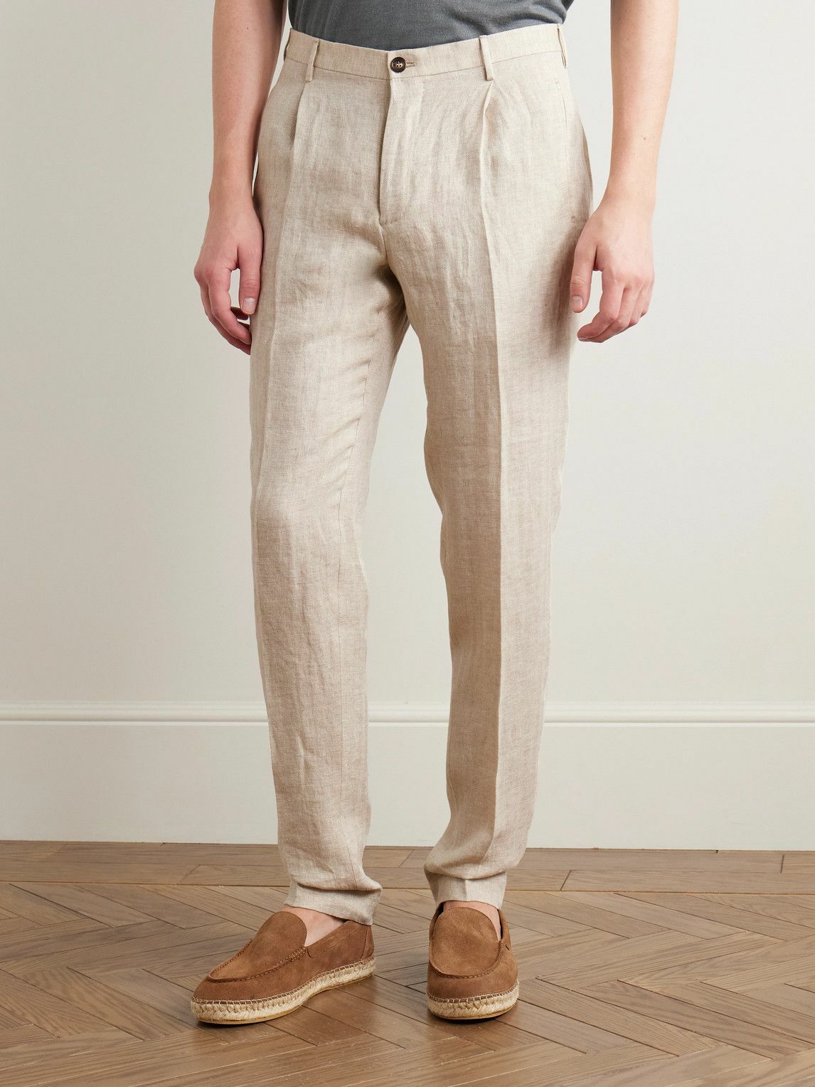 Incotex - Venezia 1951 Tapered Pleated Herringbone Linen Trousers - Neutrals Incotex