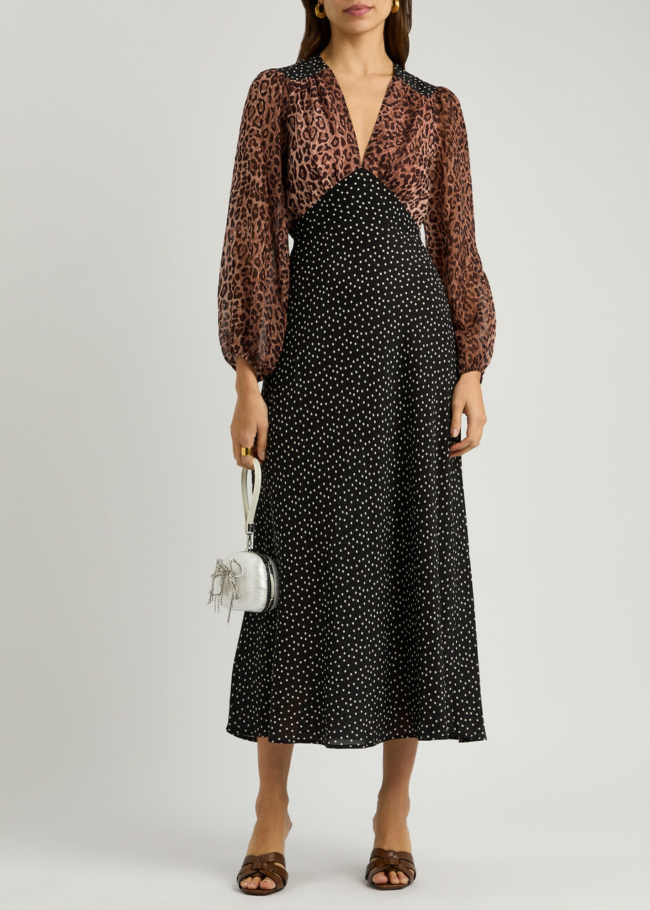 Rixo Kaila Printed Silk Midi Dress Leopard Rixo