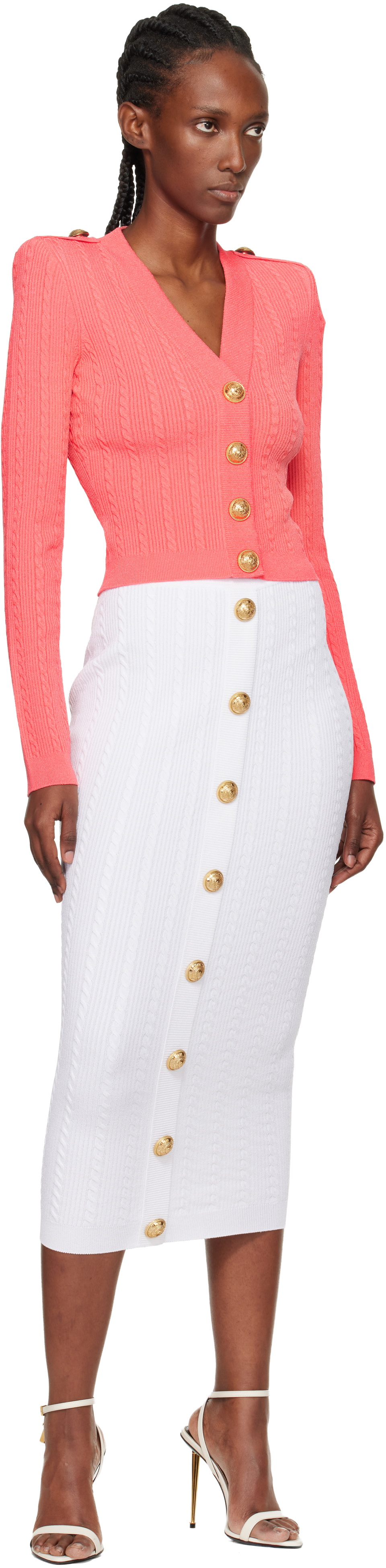 Balmain Pink Long-Sleeve Cable-Knit Cardigan Balmain