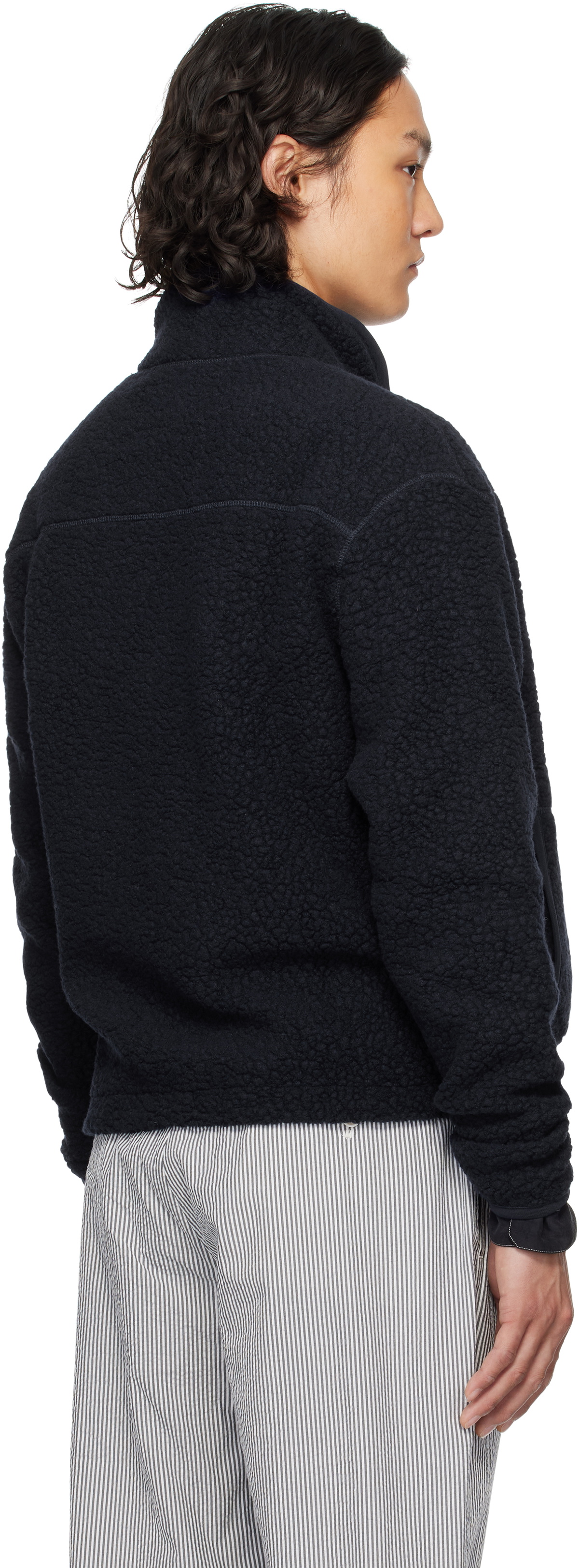 Drake's Navy Boucle Wool Zip Fleece Jacket Drake's