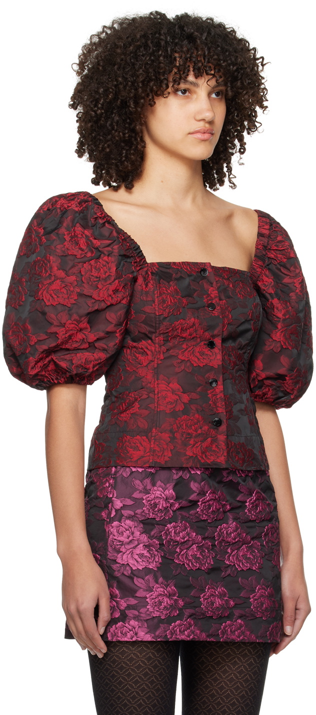 GANNI Black & Red Botanical Jacquard Blouse GANNI