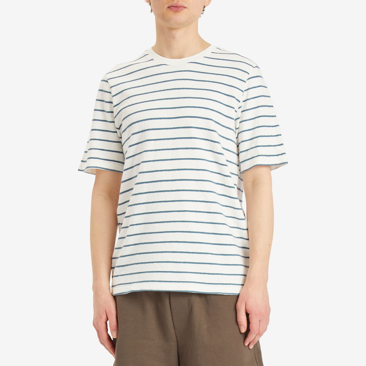 Folk Men's Textured Stripe T-Shirt in Off White/Soft Blue Folk