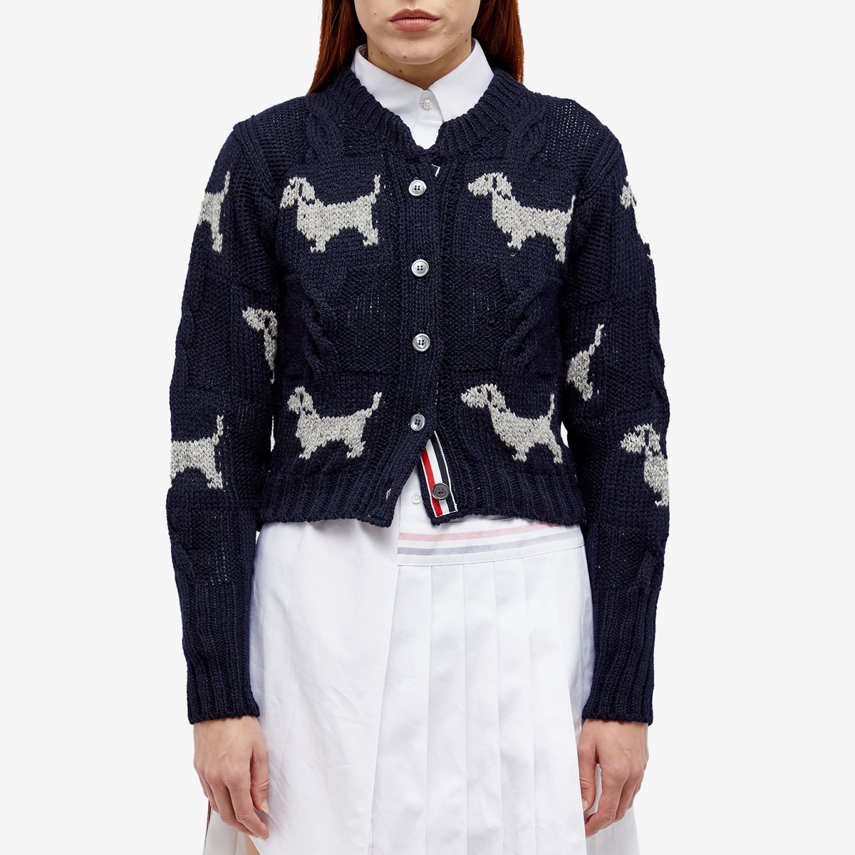 Thom Browne Women's Hector Intarsia Cable Crew Knit in Navy Thom Browne