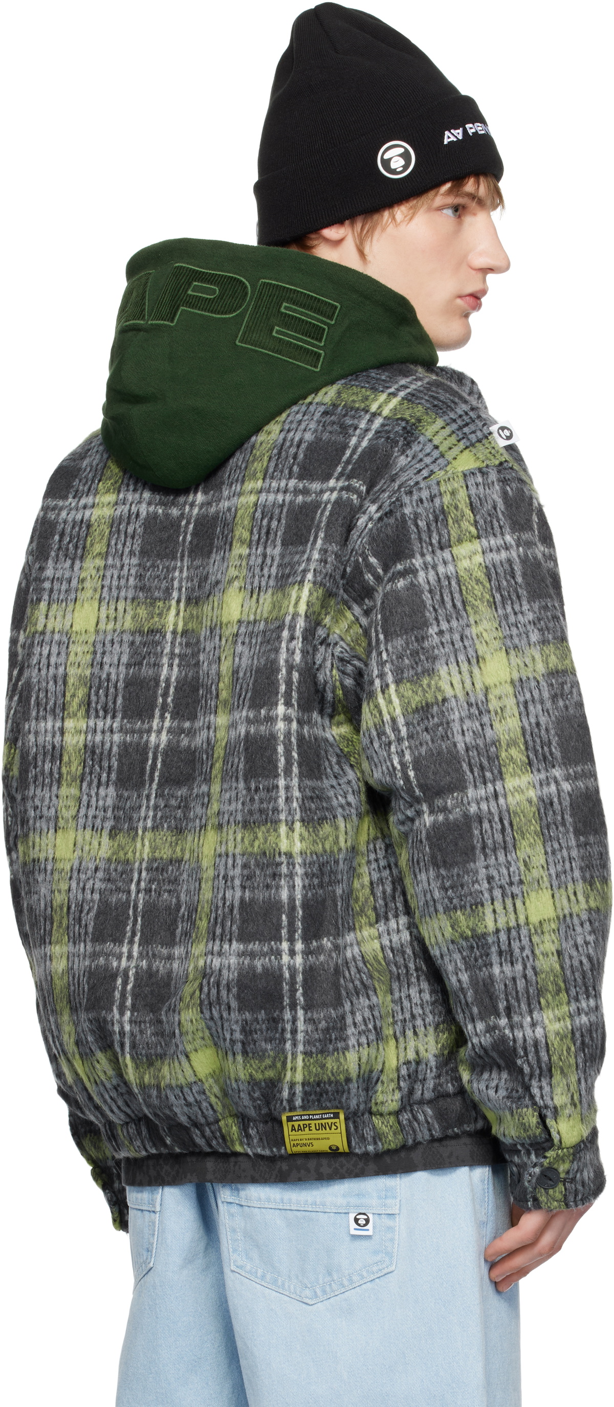 AAPE by A Bathing Ape Gray & Green 'AAPE' Moonface Logo Check Hooded ...