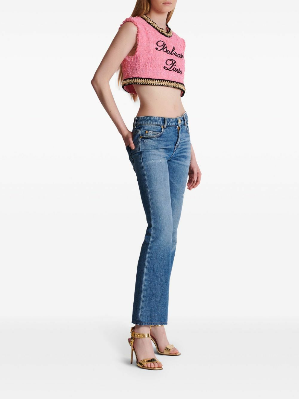 Balmain Pink Logo-Embroidered Tweed Crop Top Balmain