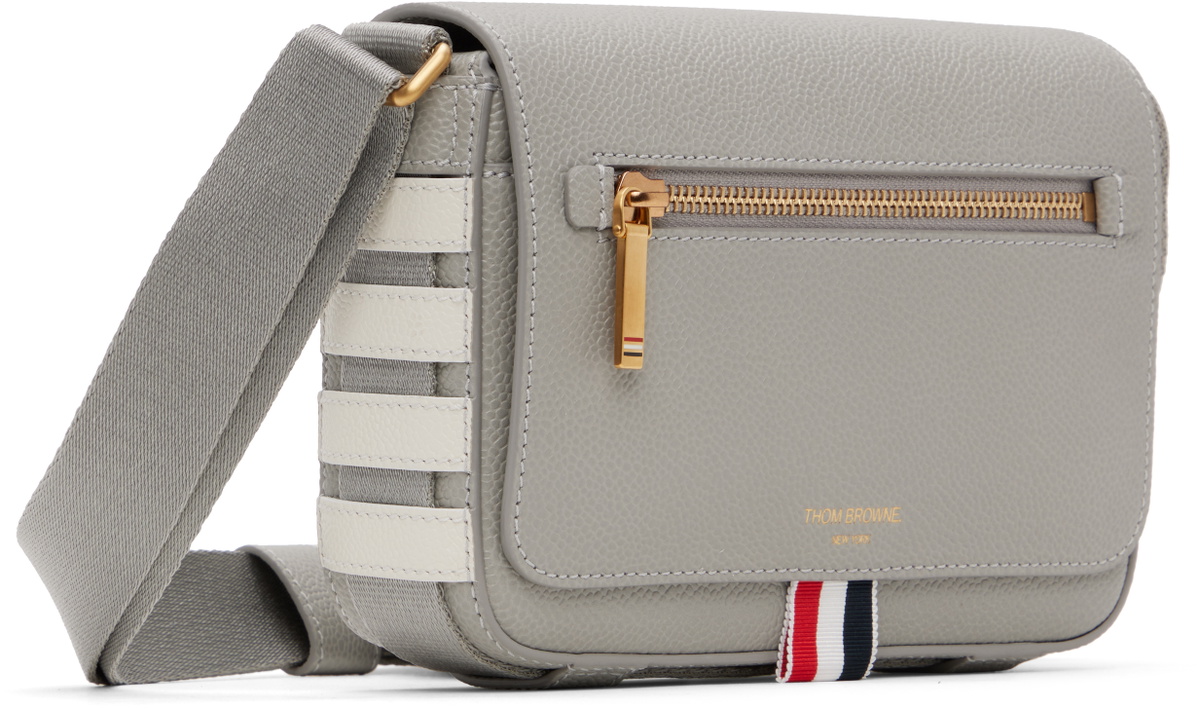 Thom Browne Gray 4-Bar Pebble Grain Small Reporter Bag Thom Browne
