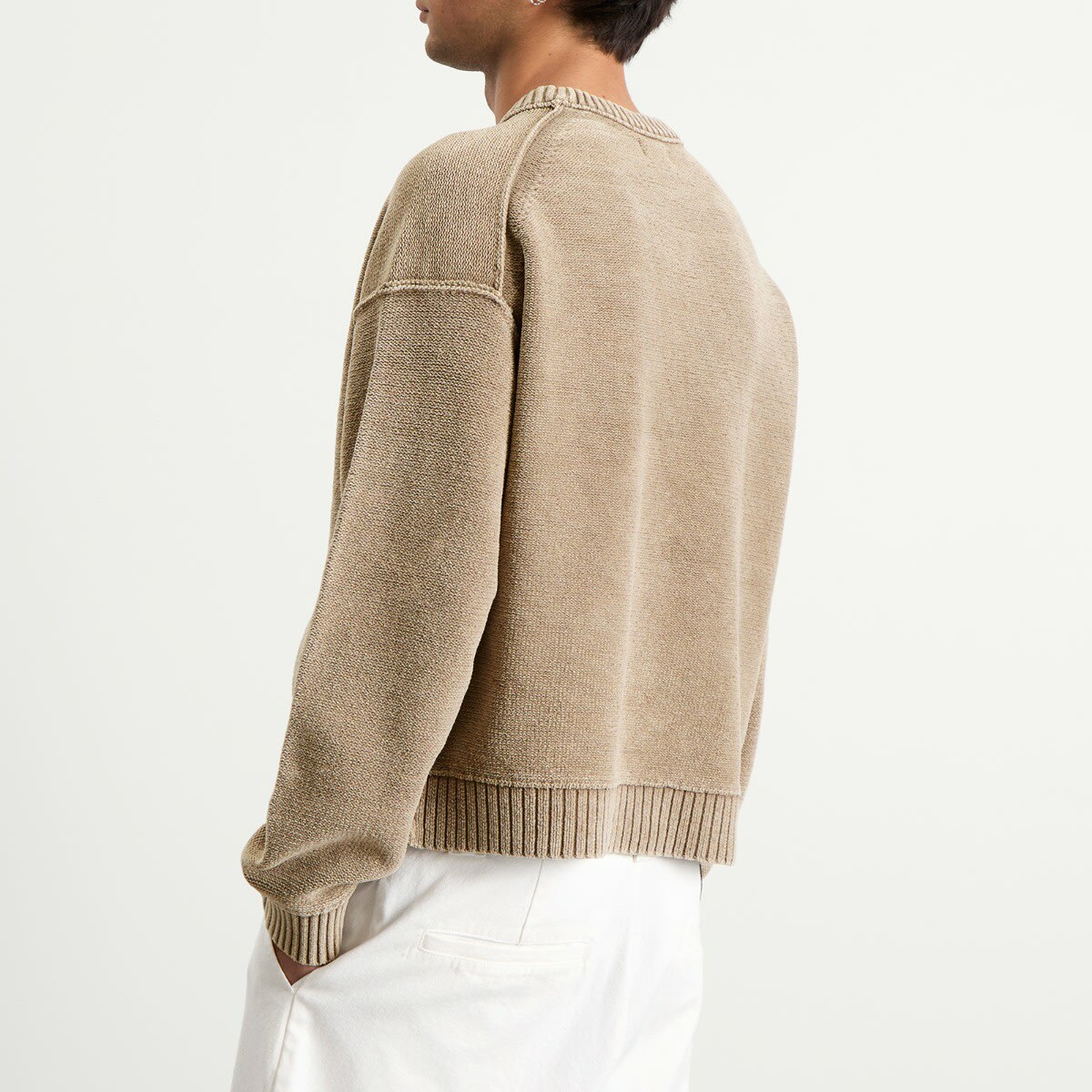 BEAMS Men's Garment Dye Cotton Crew Neck Jumper in Taupe Beams Boy