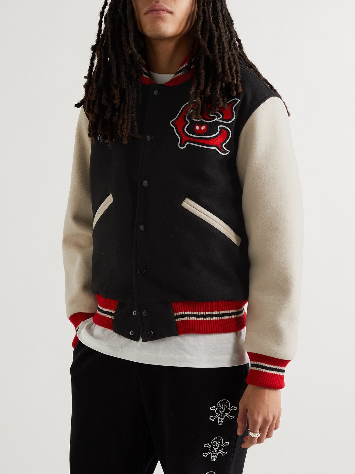 ICECREAM - Appliquéd Embroidered Padded Felt Varsity Jacket - Black
