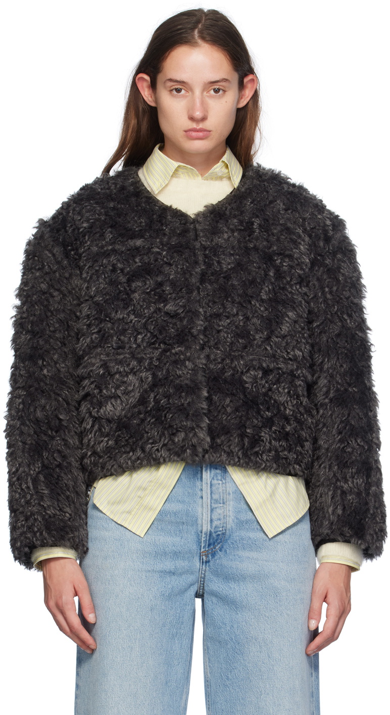 Stand Studio Gray & Black Charmaine Reversible Faux-Shearling Jacket ...