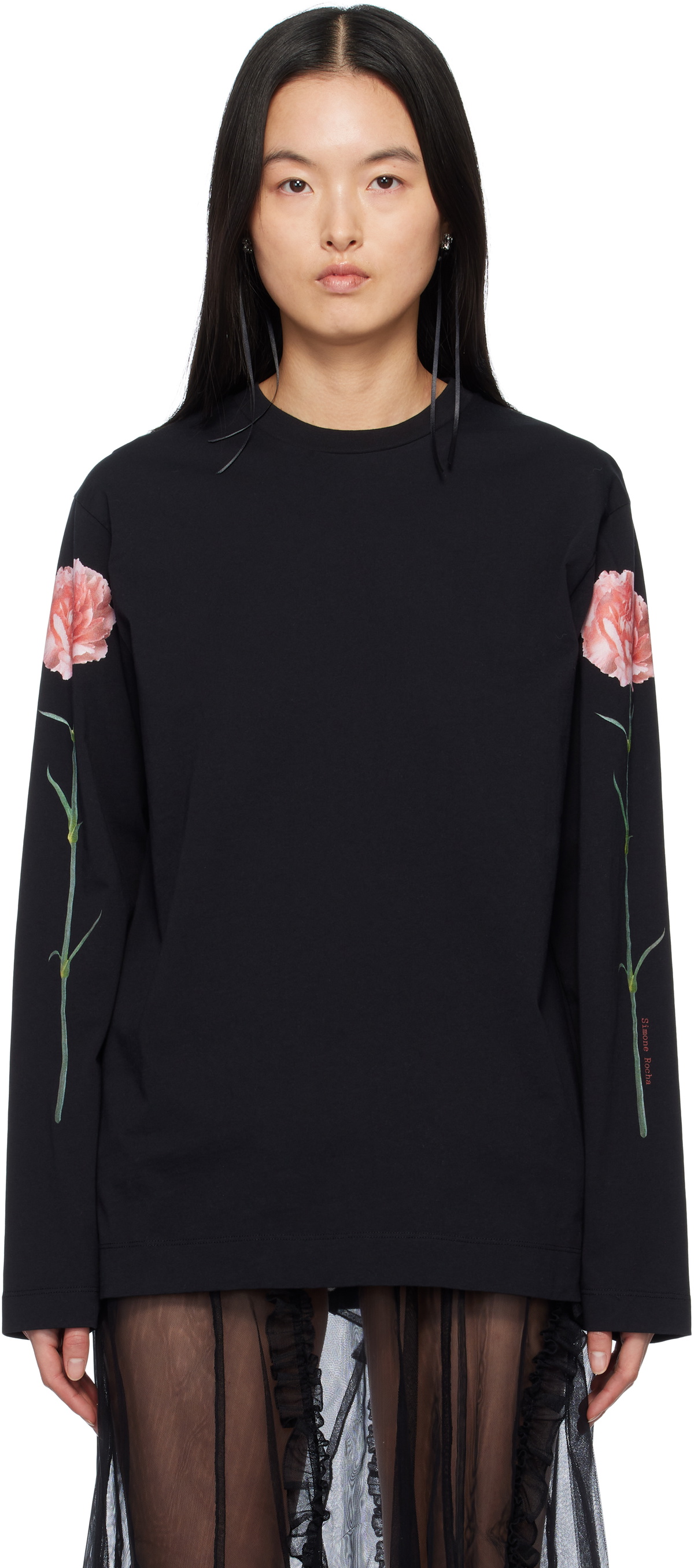 Simone Rocha Black Carnation Print Long Sleeve T-shirt Simone Rocha