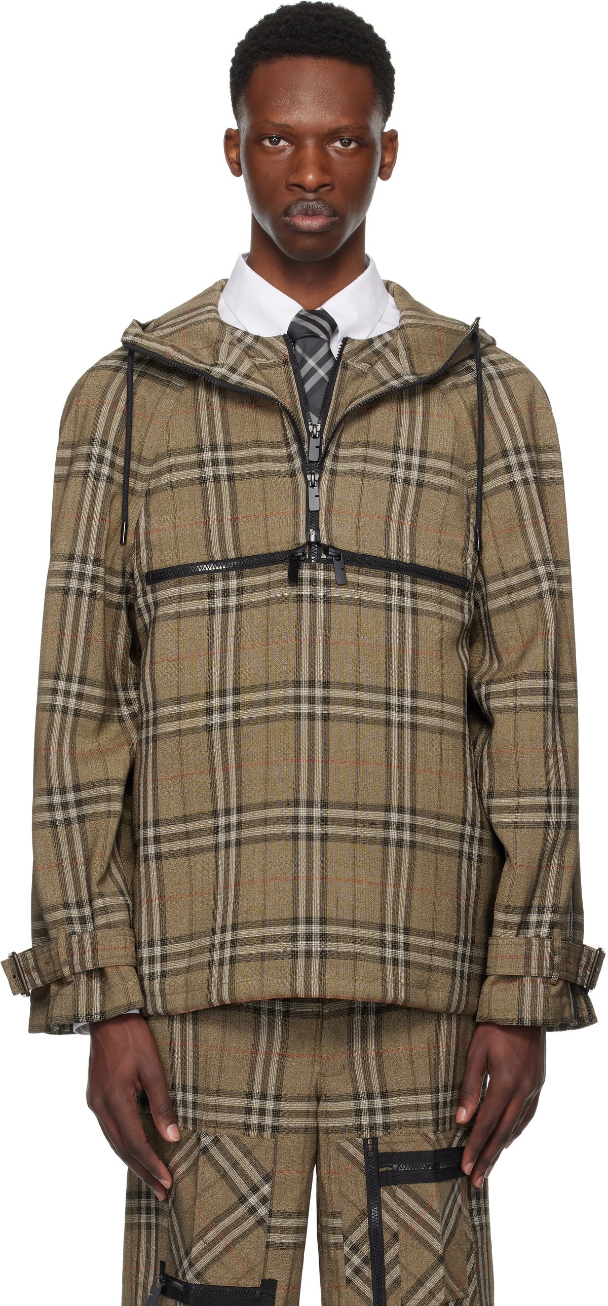 Burberry Brown Check Silk Blend Hooded Jacket Burberry