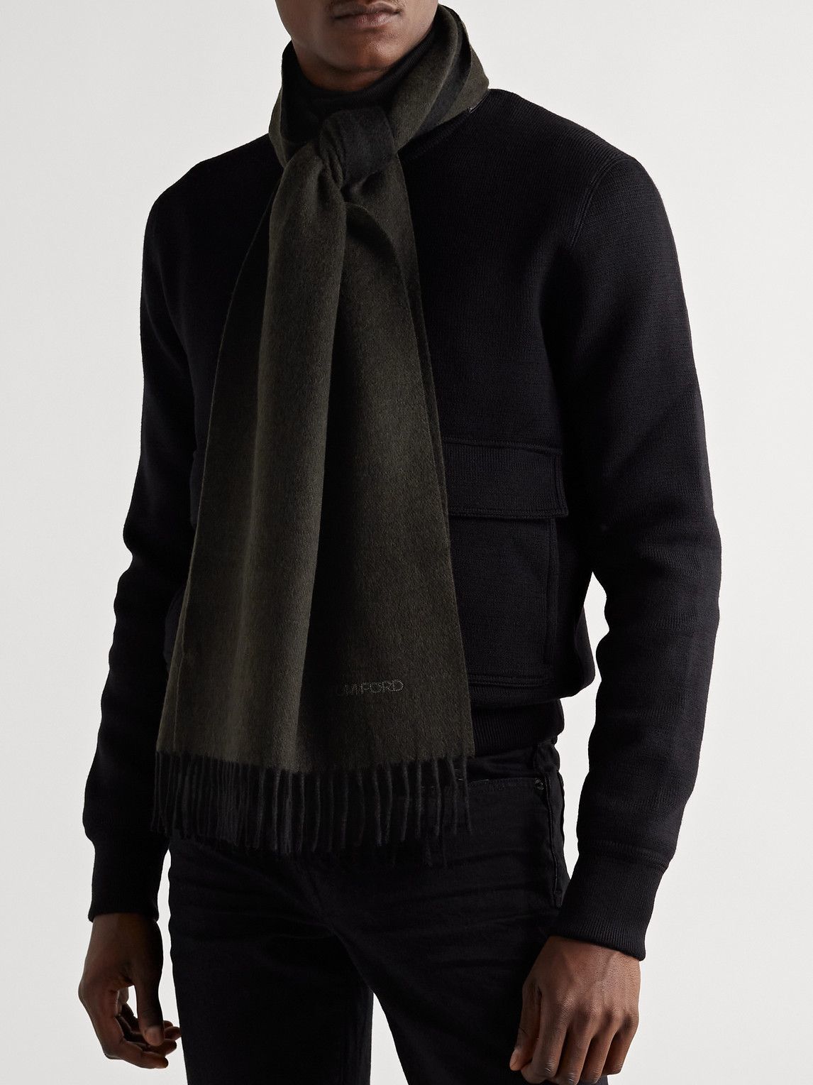 TOM FORD - Logo-Embroidered Fringed Cashmere Scarf TOM FORD