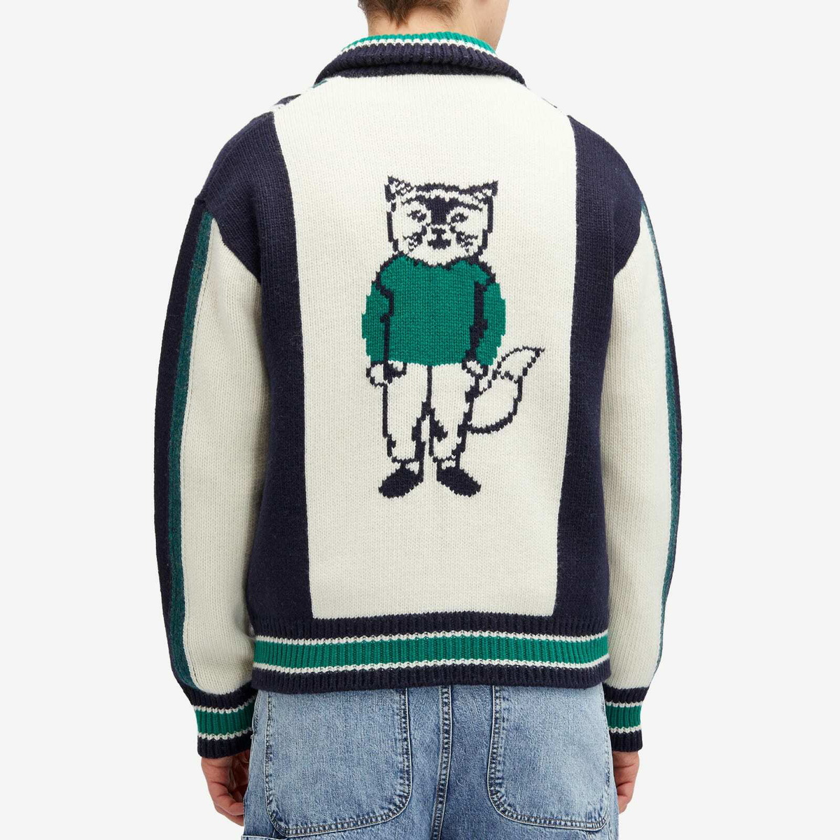 Maison Kitsuné Men's Knitted College Jacket in Ecru/Ink Blue/Conifer ...