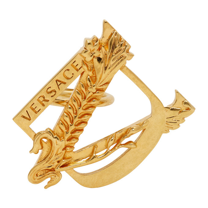 Versace Gold Oversized Medusa Safety Pin Ring Versace