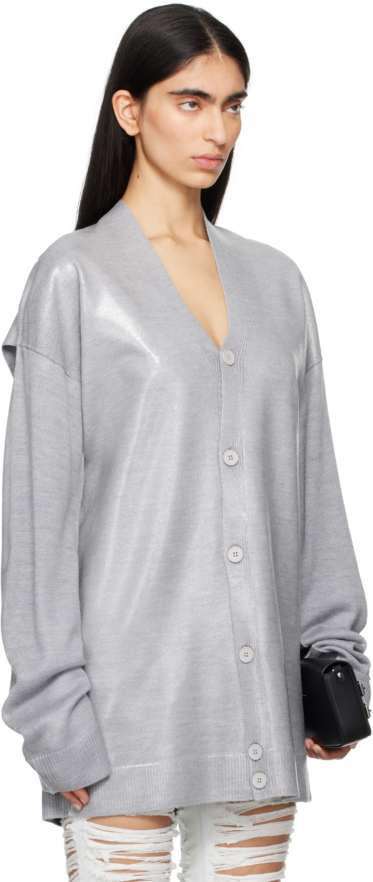 MM6 Maison Margiela Gray Plastified Knit Cardigan MM6 Maison Margiela