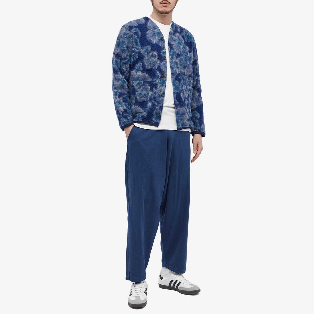 Universal Works Men's Flower Wool Fleece Cardigan in Navy Universal Works