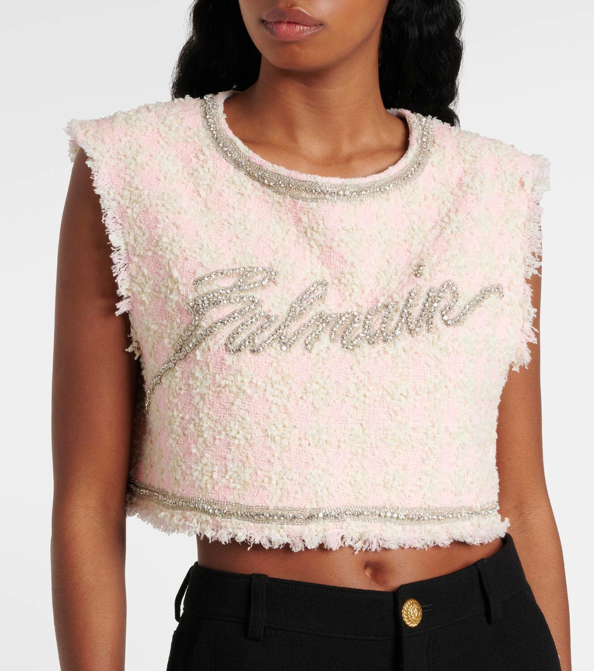 Balmain Logo embellished bouclé crop top Balmain