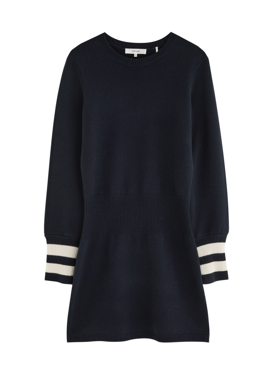 Frame Stripe-trimmed Cashmere-blend Mini Dress Navy Frame Denim