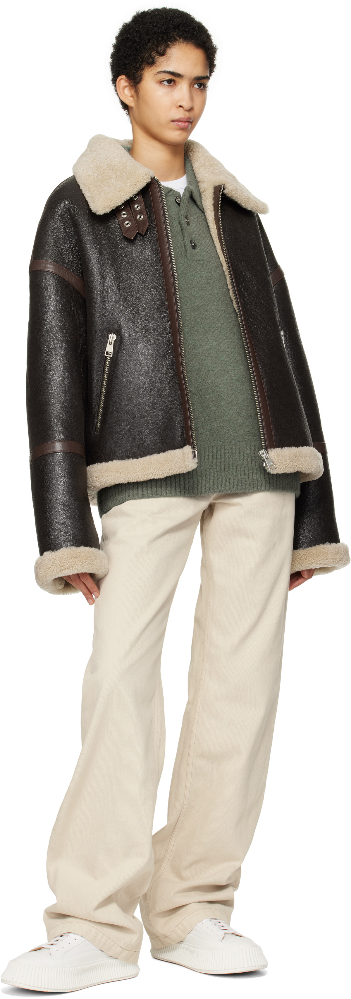 AMI Paris Brown Zipped Shearling Jacket AMI