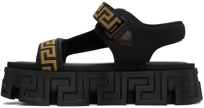 Versace Black & Gold La Greca Platform Sandals Versace