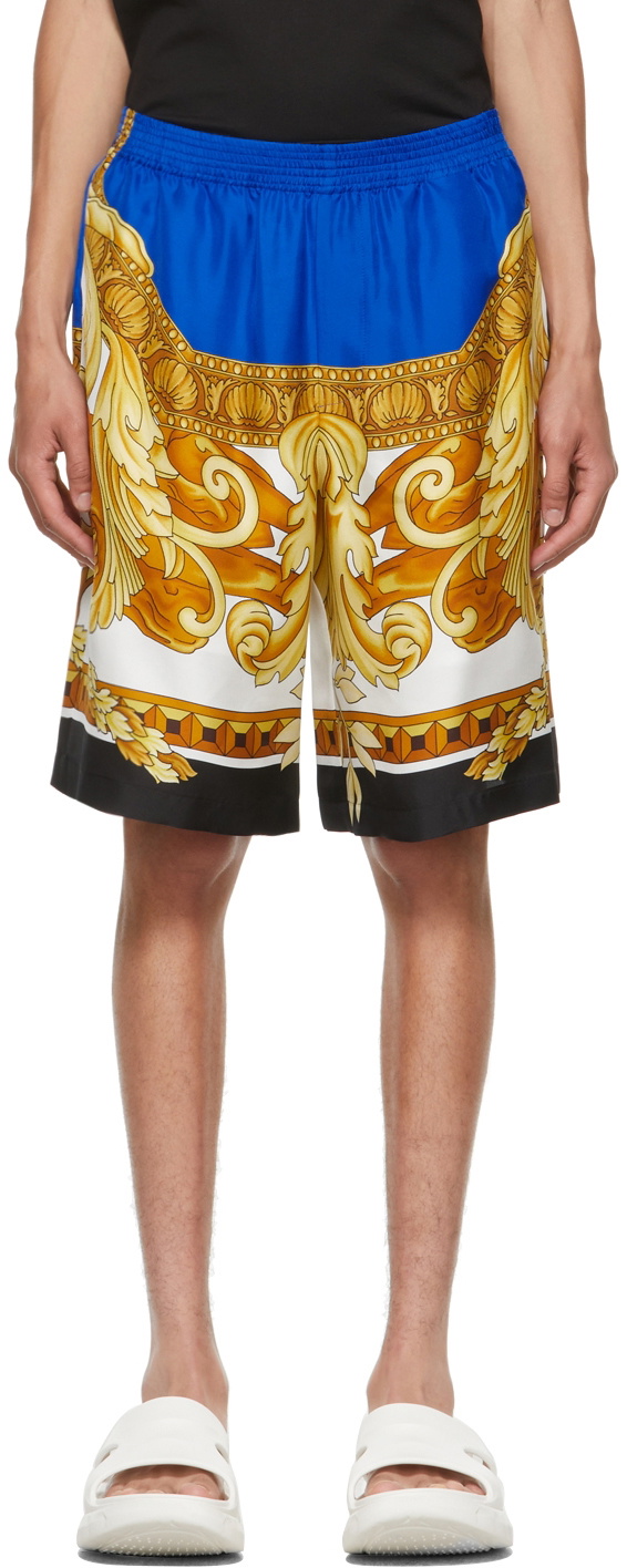 Versace Blue Silk Medusa Renaissance Shorts Versace