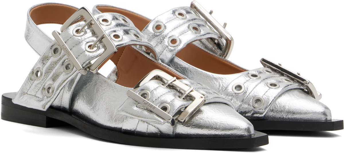 GANNI Silver Metallic Feminine Buckle Flats GANNI