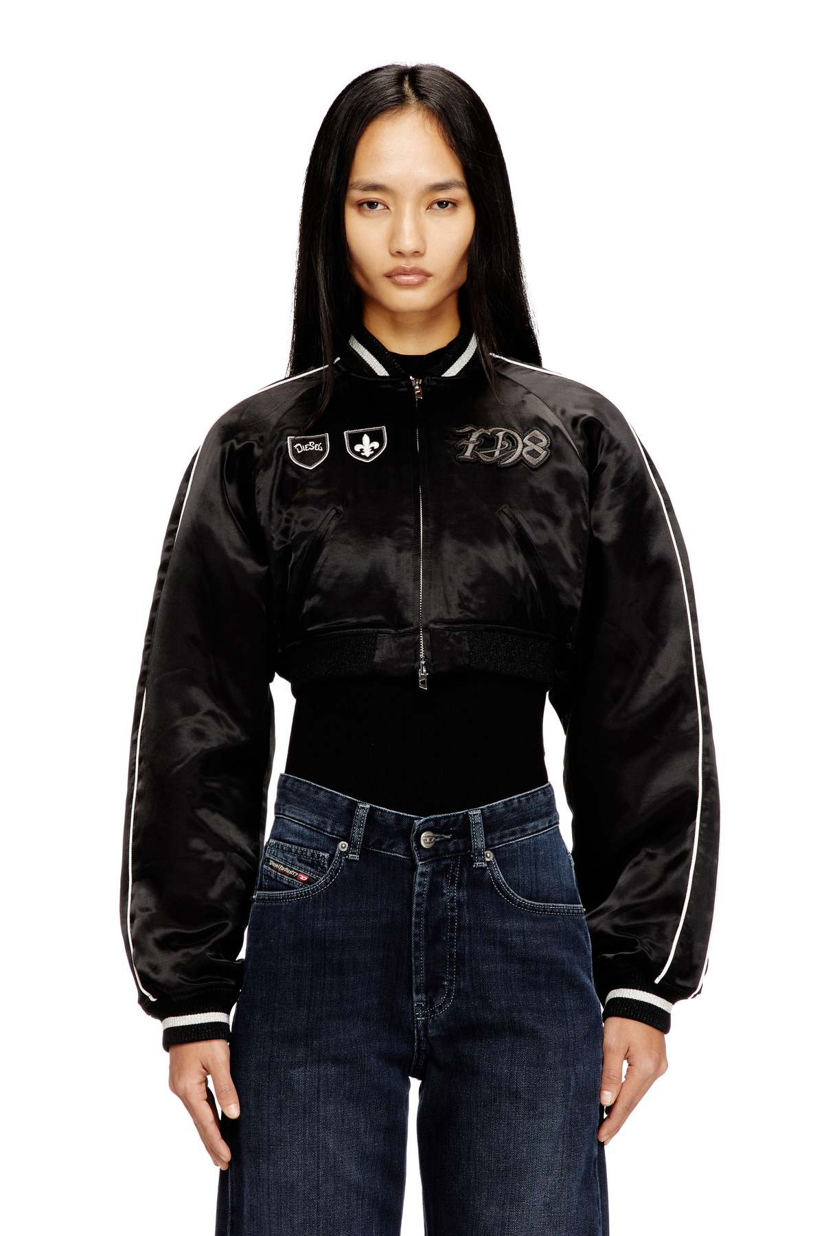 Diesel Cropped satin souvenir jacket - Jackets Womens in Black Diesel