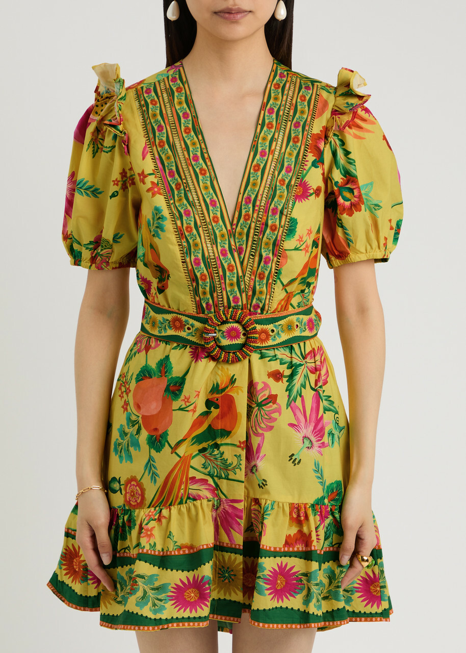 Farm Rio Fruit Garden Printed Cotton-poplin Mini Dress Yellow Farm Rio