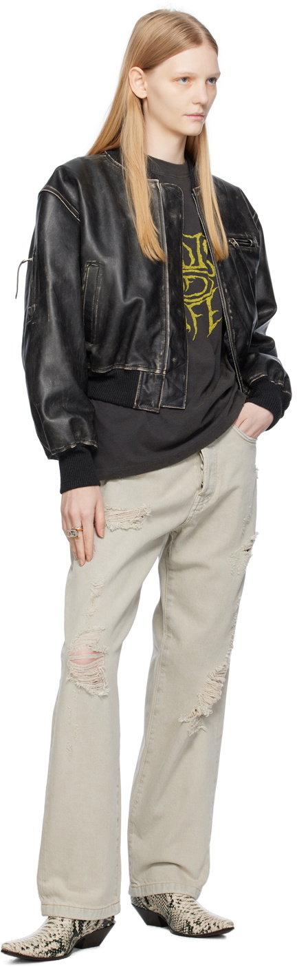 Acne Studios Black Distressed Leather Bomber Jacket Acne Studios