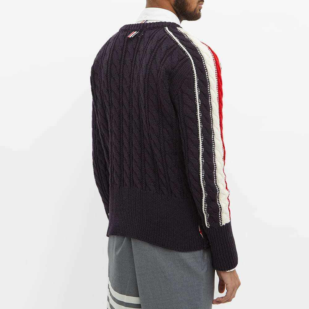 Thom Browne Men's Tricolour Sleeve Stripe Crew Cable Knit in Navy Thom Browne