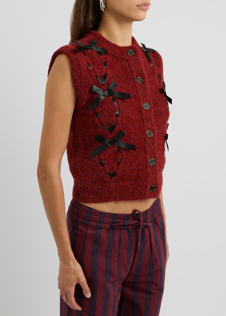 Damson Madder Aggie Bow-embellished Knitted Vest Burgundy Damson Madder