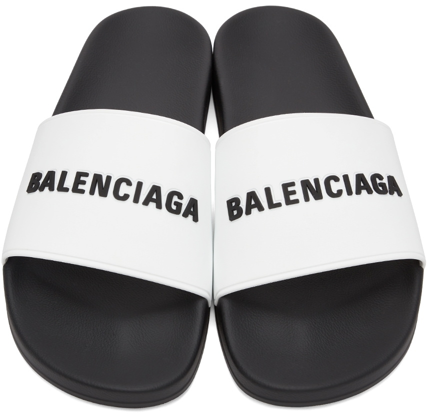 Balenciaga White & Black Pool Slides Balenciaga
