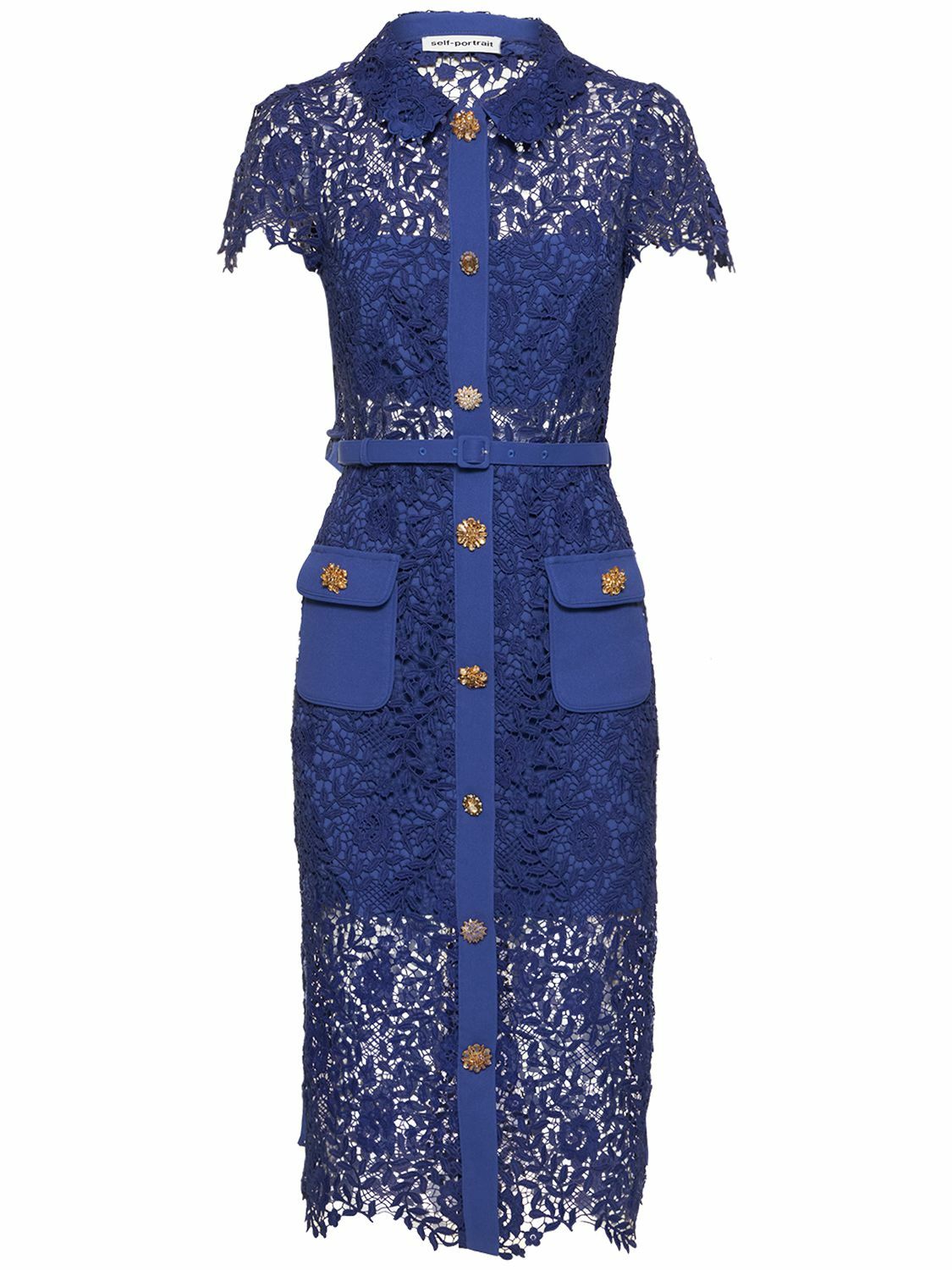SELF-PORTRAIT - Cobalt Rose Lace Buttoned Midi Dress Self-Portrait
