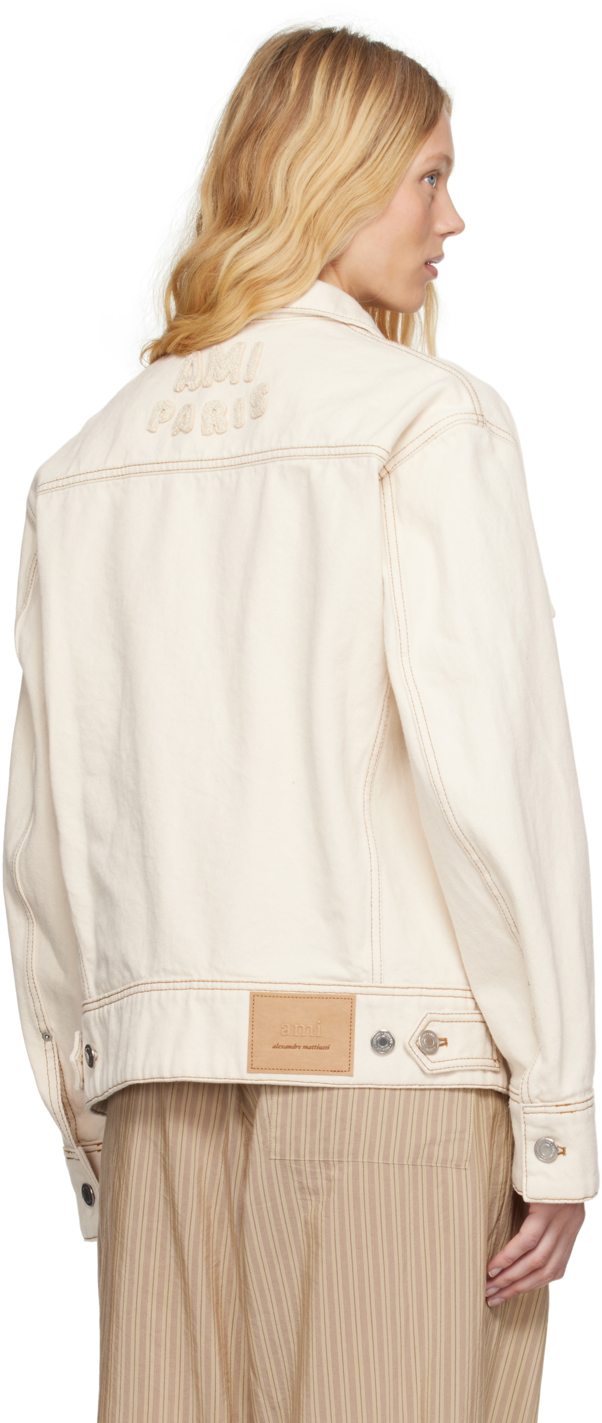 AMI Paris Off-White Cotton 'AMI Paris' Trucker Denim Jacket AMI