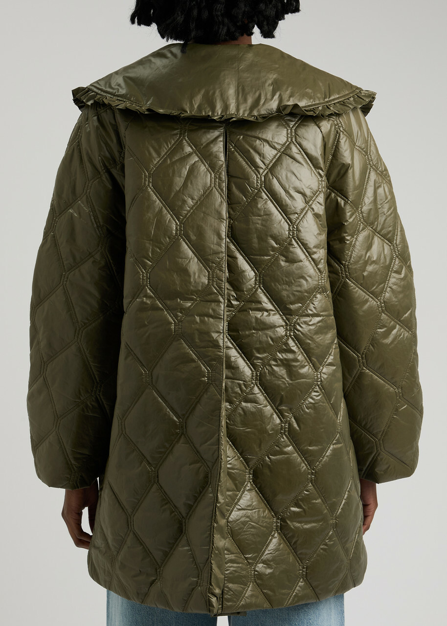 Ganni Quilted Glossed Nylon Jacket Olive GANNI